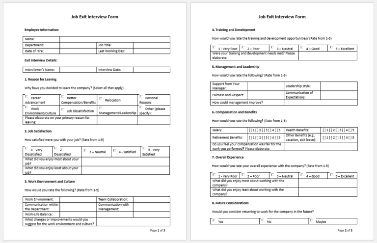 Job Leave/Exit Interview Forms | Word & Excel Templates