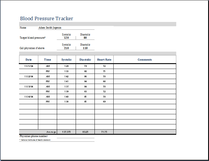 Blood Pressure Log Sheet Excel Plmama