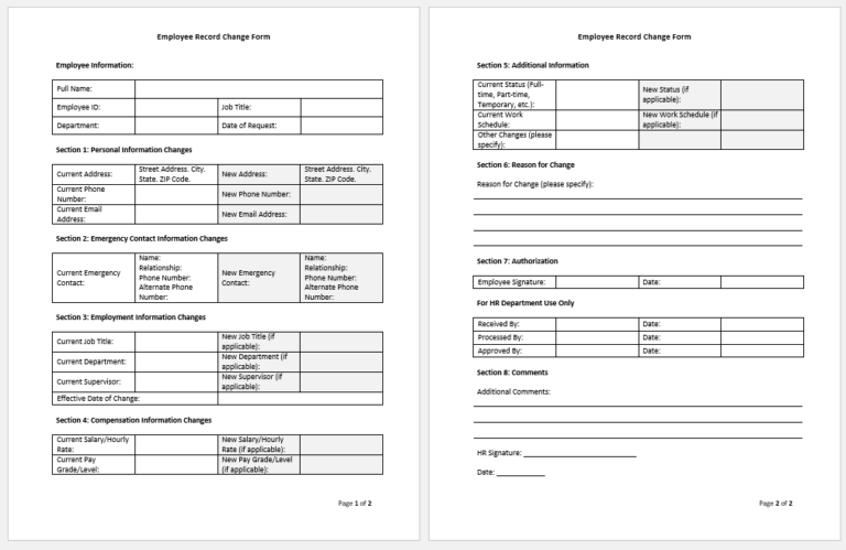 Employee Record Change Form Template | Download Samples