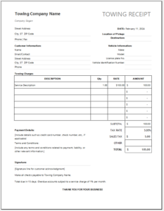 Towing Service Receipt Template for Excel | Download File
