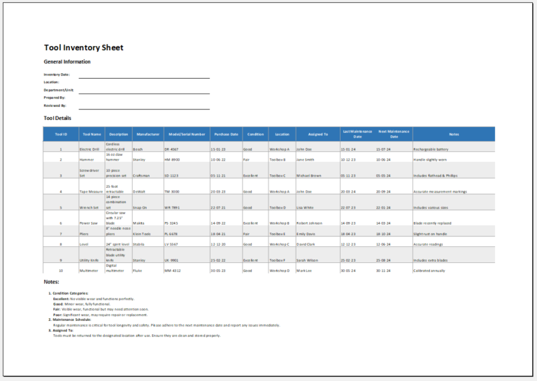 Tool Inventory Sheet Template for Excel | Download File