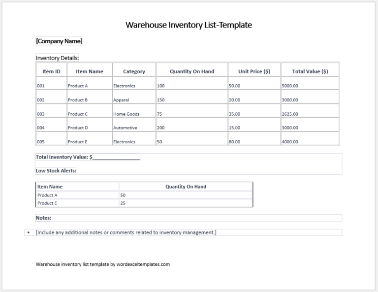 Warehouse Inventory List Template | Download File