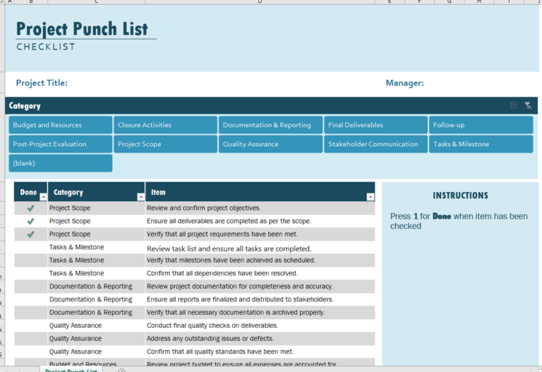 Project Punch List Template for Excel | Download File