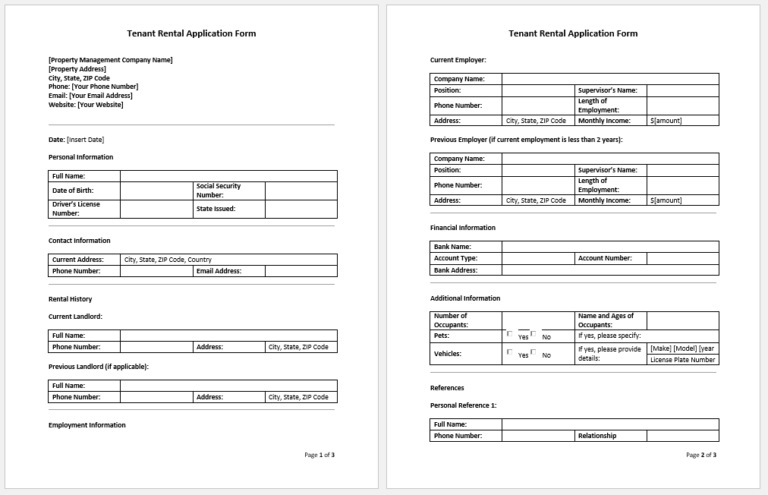 Tenant Rental Application Forms for WORD | Download Samples