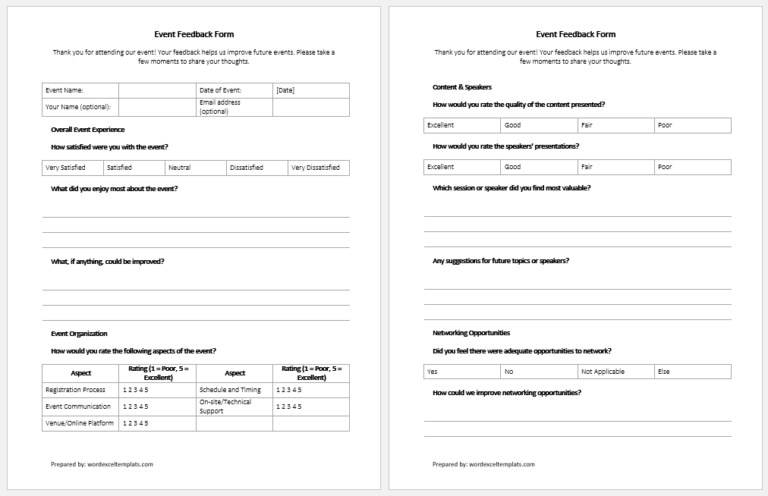 Event Feedback Form Templates for MS Word | Download/Save