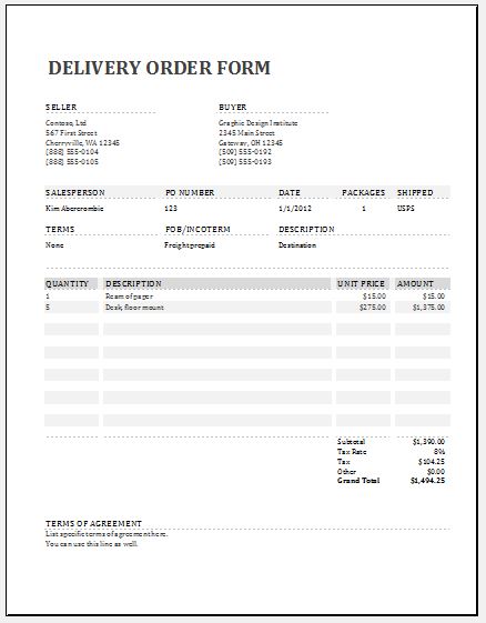 Free Delivery Order Template Word