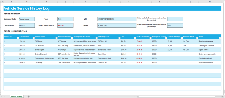 9 Best Vehicle Service Record Templates for MS Excel