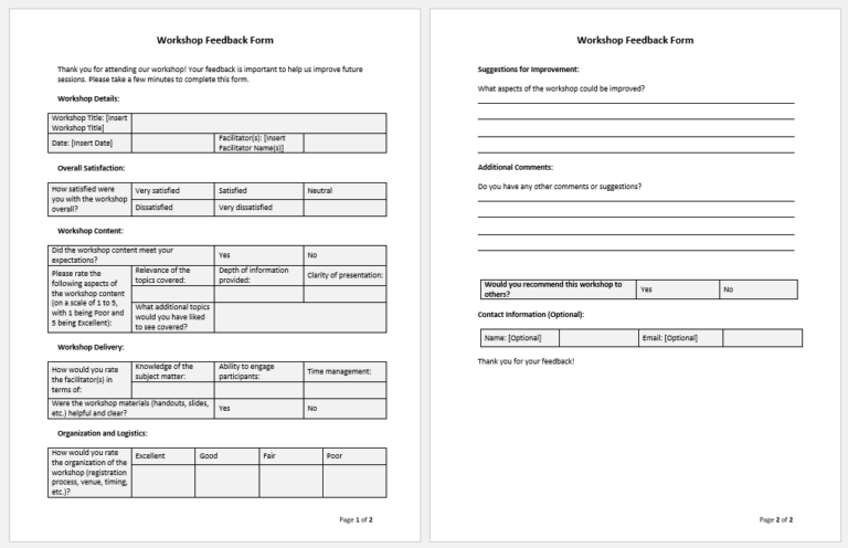 Workshop Feedback Form Templates for MS Word | Download