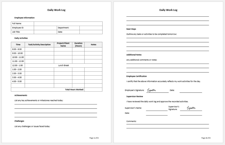 Daily Work Log Templates for MS Word & Excel | Download