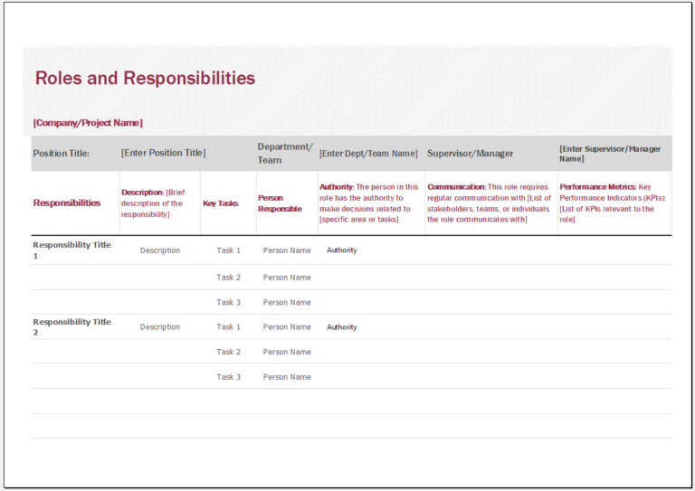 Roles and Responsibilities Sheet Templates | Download Files