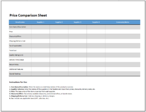 Price Comparison Sheet Template for Excel | Download