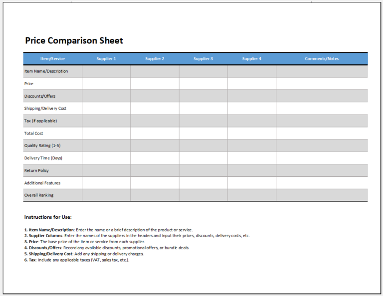 Price Comparison Sheet Template for Excel | Download