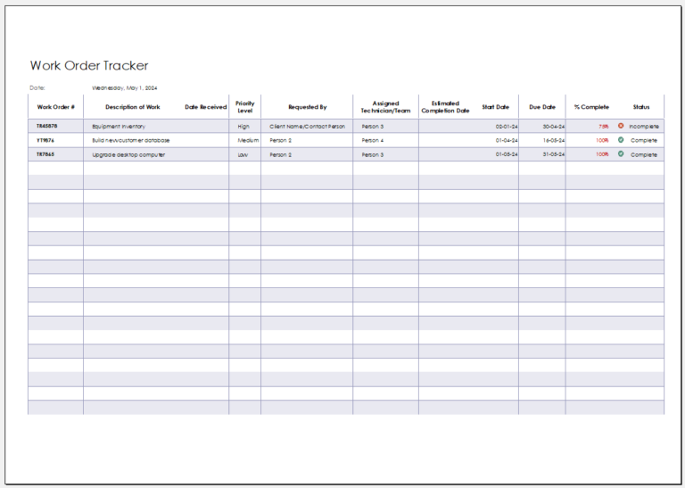 Work Order Tracker Template for Excel | Download File