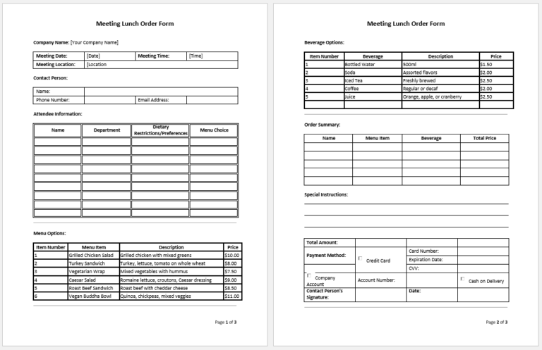 Meeting Lunch Order Form for MS Word | Download Samples
