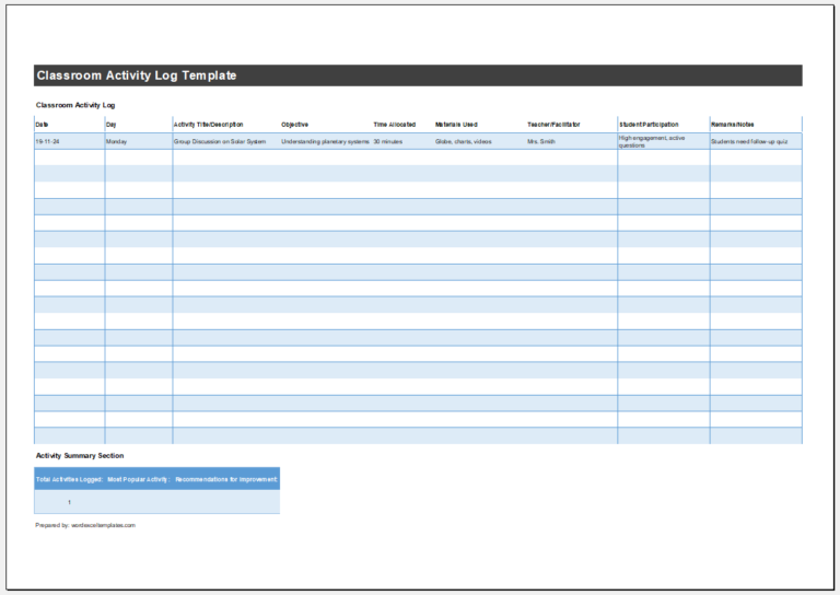 Classroom Activity Log Template for MS Excel | Download