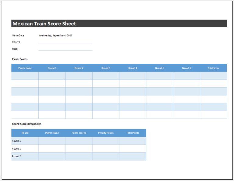 Mexican Train Score Sheet Template for MS Excel | Download