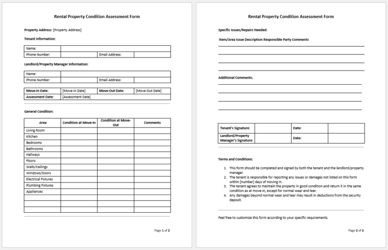 Rental Property Condition Assessment Forms MS Word | Save