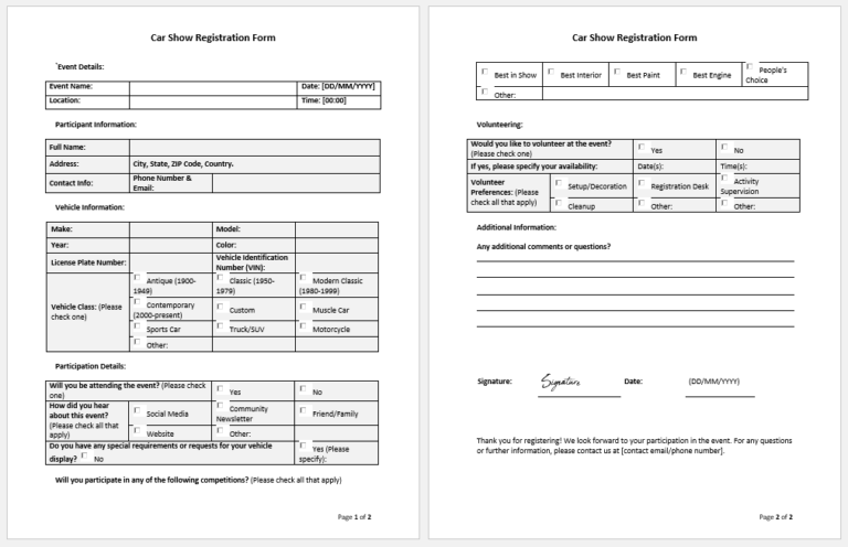 Car Show Registration Forms for MS Word | Download Samples