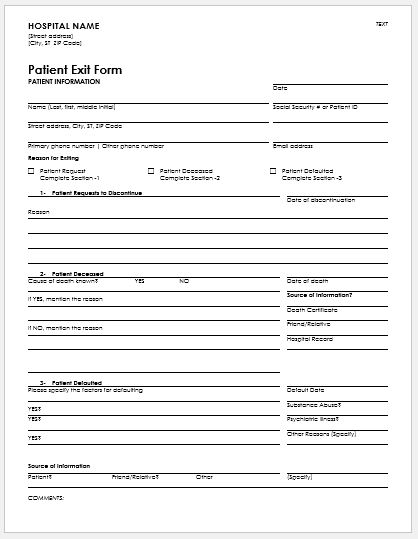4 Best Patient Hospital Exit Forms for MS Word | Word & Excel Templates