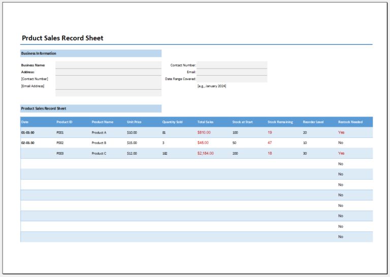 Product Sales Record Sheet for Excel | Download File & Save