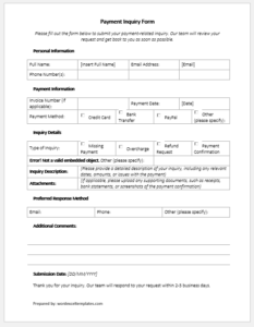 Payment Inquiry Form Templates for Word | Download/Save