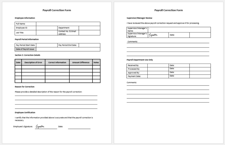 Payroll Correction Form Template MS Word | Download Samples