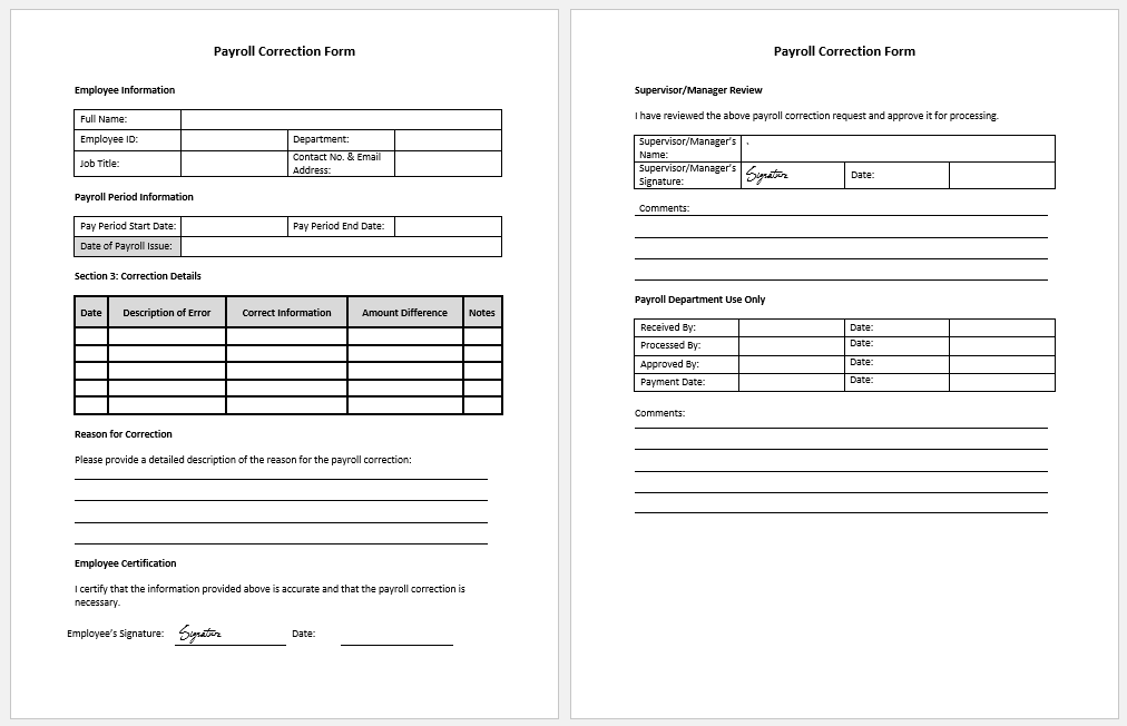 Payroll Correction Form Template MS Word | Download Samples Payroll Correction Form Template MS Word | Download Samples
