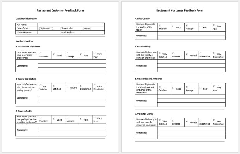 Restaurant Customer Feedback Forms for MS Word | Download