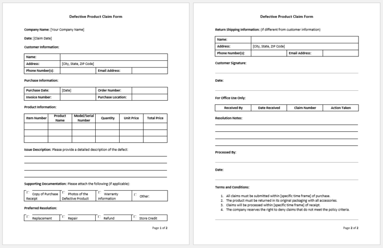 Defective Product Claim Form Templates MS Word | Download