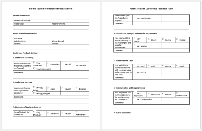 Parent Teacher Conference Feedback Form | Download Samples
