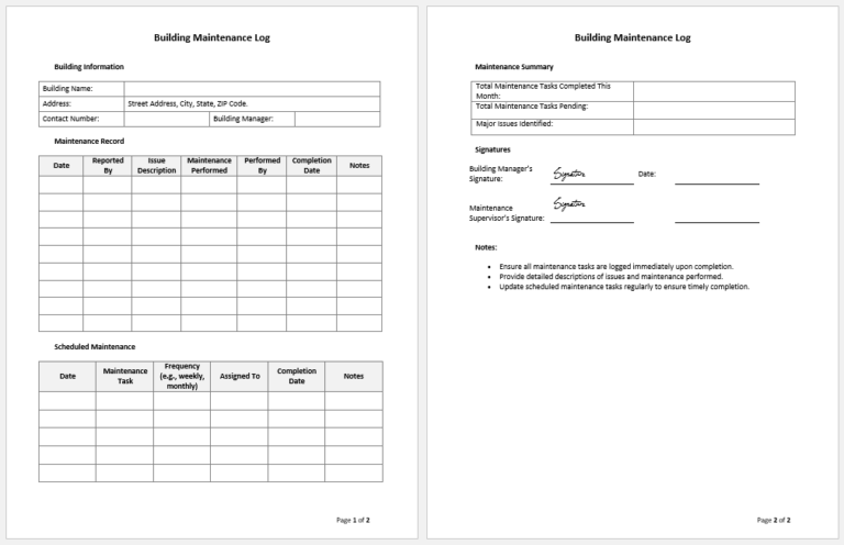 Building Maintenance Log Templates | Word & Excel Templates