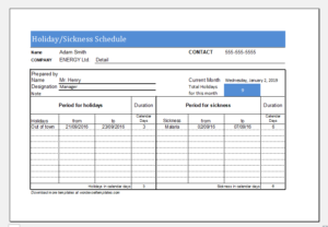 Employee Sickness Holiday Schedule Template for Excel