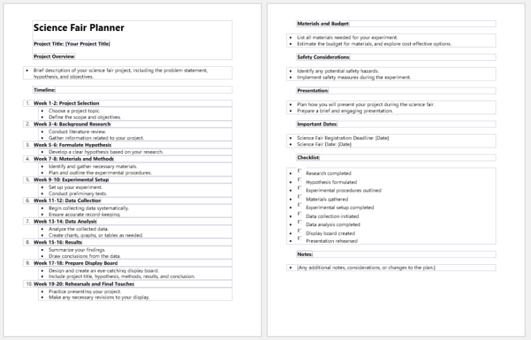 Science Fair Planner Template for Word | Download File