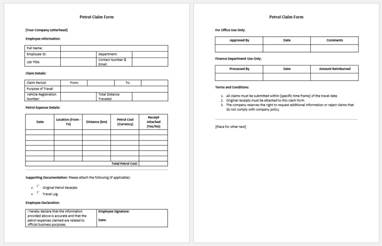Petrol Claim Form Templates | Word & Excel Templates