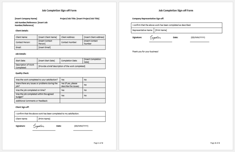Job Completion Sign-off Form Template for Word | Download