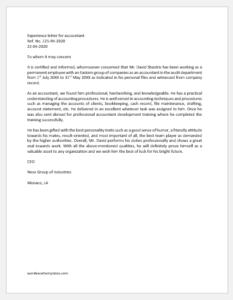 Experience Letter Template for an Accountant | Word & Excel Templates