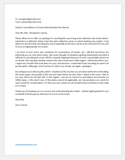 Email To Hotel Management For Cancellation Of Event Word Excel 