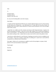 Excuse Letter for not Joining the Company | Download Samples