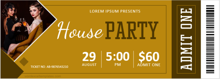 In House Party Ticket Templates for Word | Word & Excel Templates
