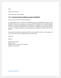 Company Appointment Letter for Manager | Word & Excel Templates