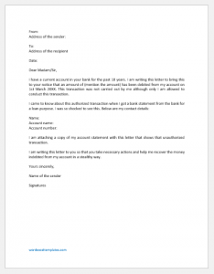Letter to Bank for Unauthorized Transaction | Word & Excel Templates