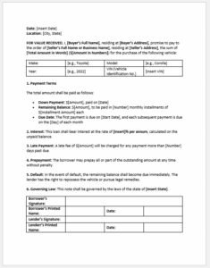 Promissory Note to Pay for Car | Word & Excel Templates