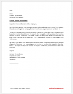 Transfer Request Letter due to Childcare | Download Letter