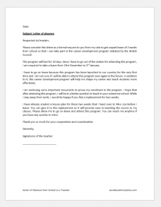 Letter of Absence from School as a Teacher | Download