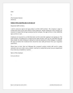 Sign-in and Sign-out Policy Letter | Word & Excel Templates