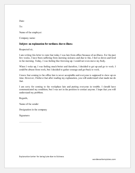 Explanation Letter for being Late due to Sickness | Download