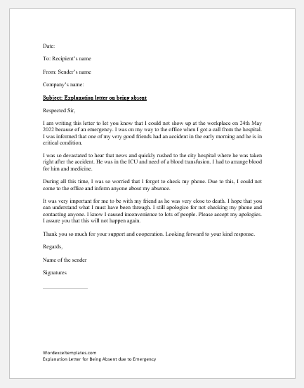 Explanation Letter for Being Absent due to Emergency | Free