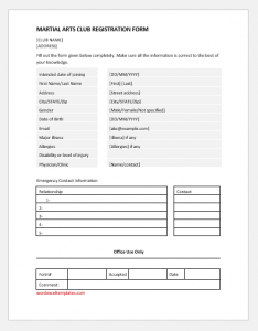 Martial Arts Club Registration Form | MS Word Format Form