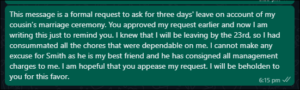 Three (3) Days Leave Message to Boss | Copy Message