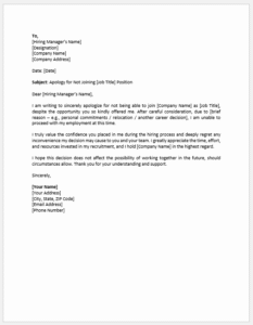 Apology Letter for not Joining the Company | Download Sample